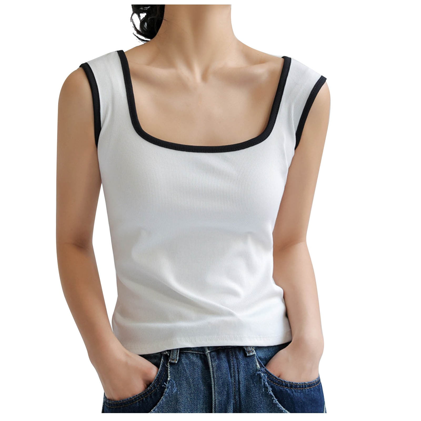 Drses Women's Summer Slim Fit Comfortable Square Neck Ribbed Solid ...