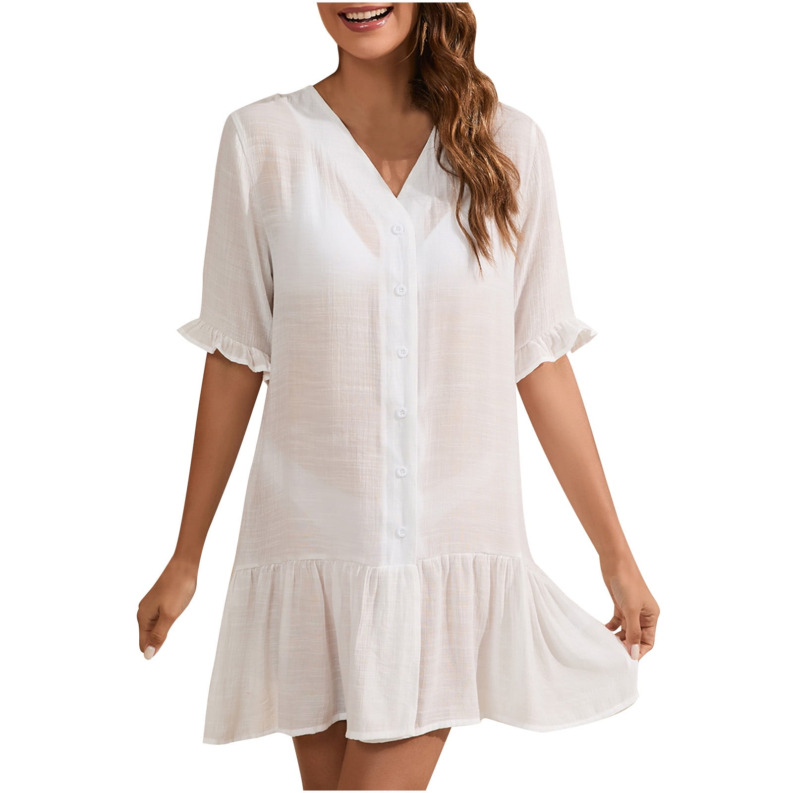 Drses Women's Swimsuit Coverup Button Down Ruffle Beach Cover Ups ...