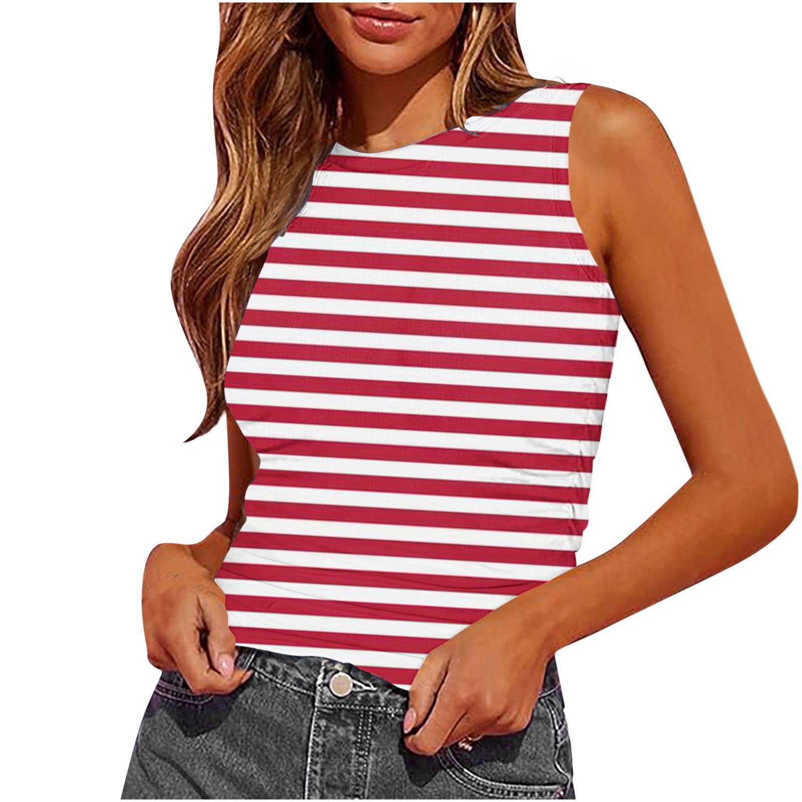 Drses Women's Tank Tops Summer Knit Striped Tank Tops Trendy Crewneck ...
