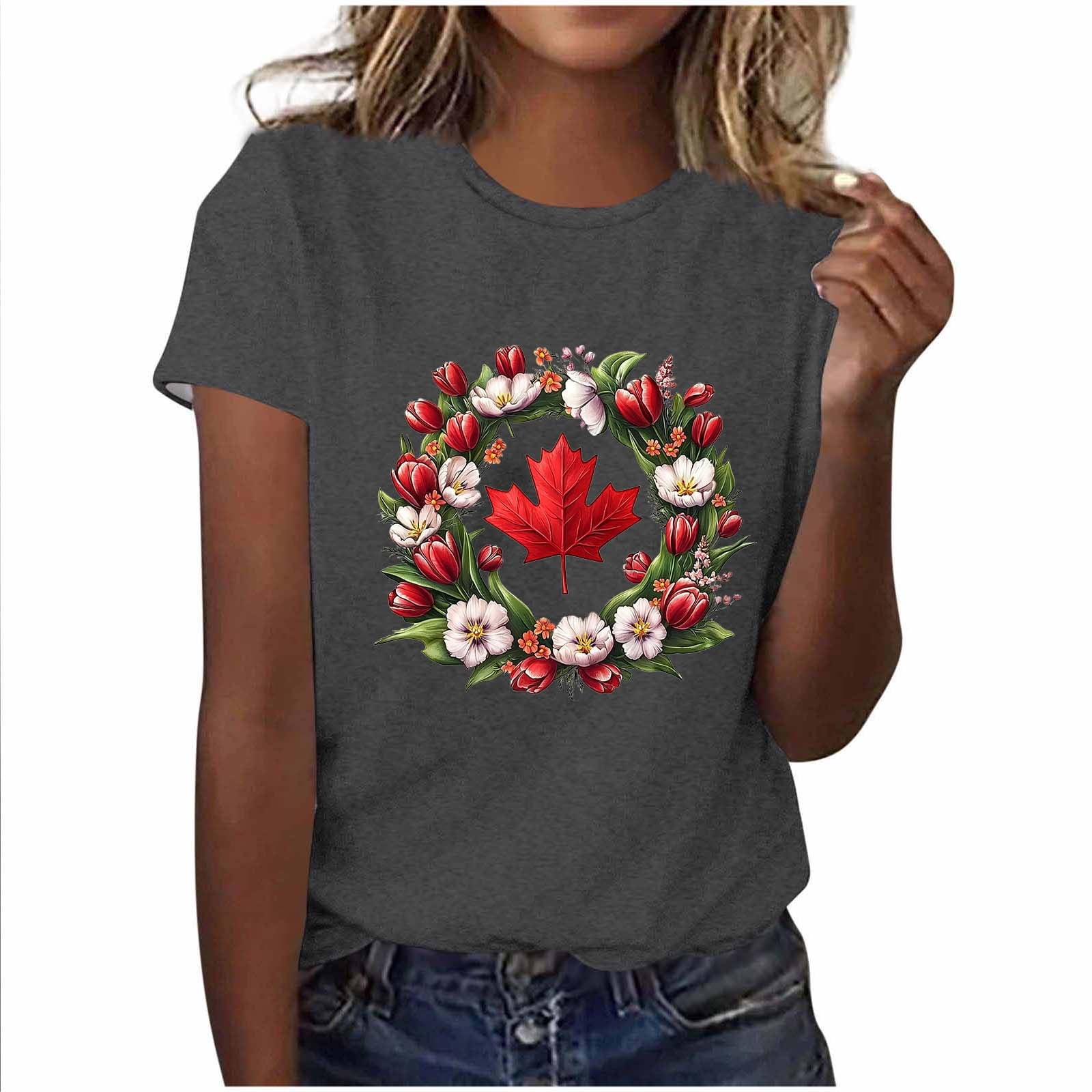 Drses ‌‌‌‌ ‌‌Women's Vintage Maple Leaf Patriotic T-Shirt - Canadian Flag Graphic Crewneck Short ...