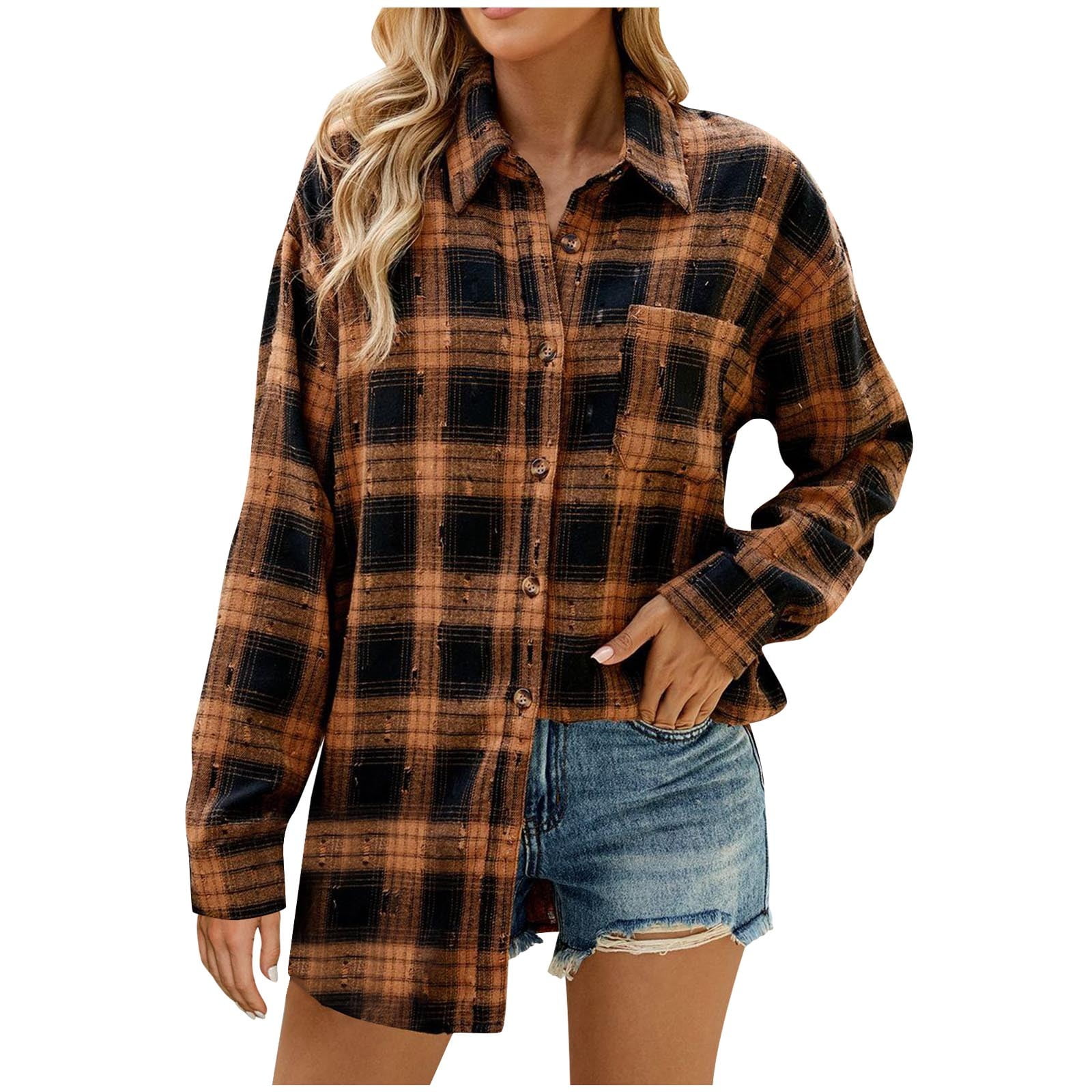 Drses Womens Buffalo Plaid Flannel Shirt Long Sleeve Collar Button Down ...