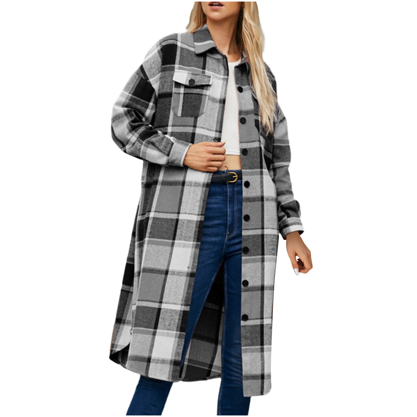 Drses Womens Long Plaid Shacket Jacket Button Down Long Sleeve Lapel ...