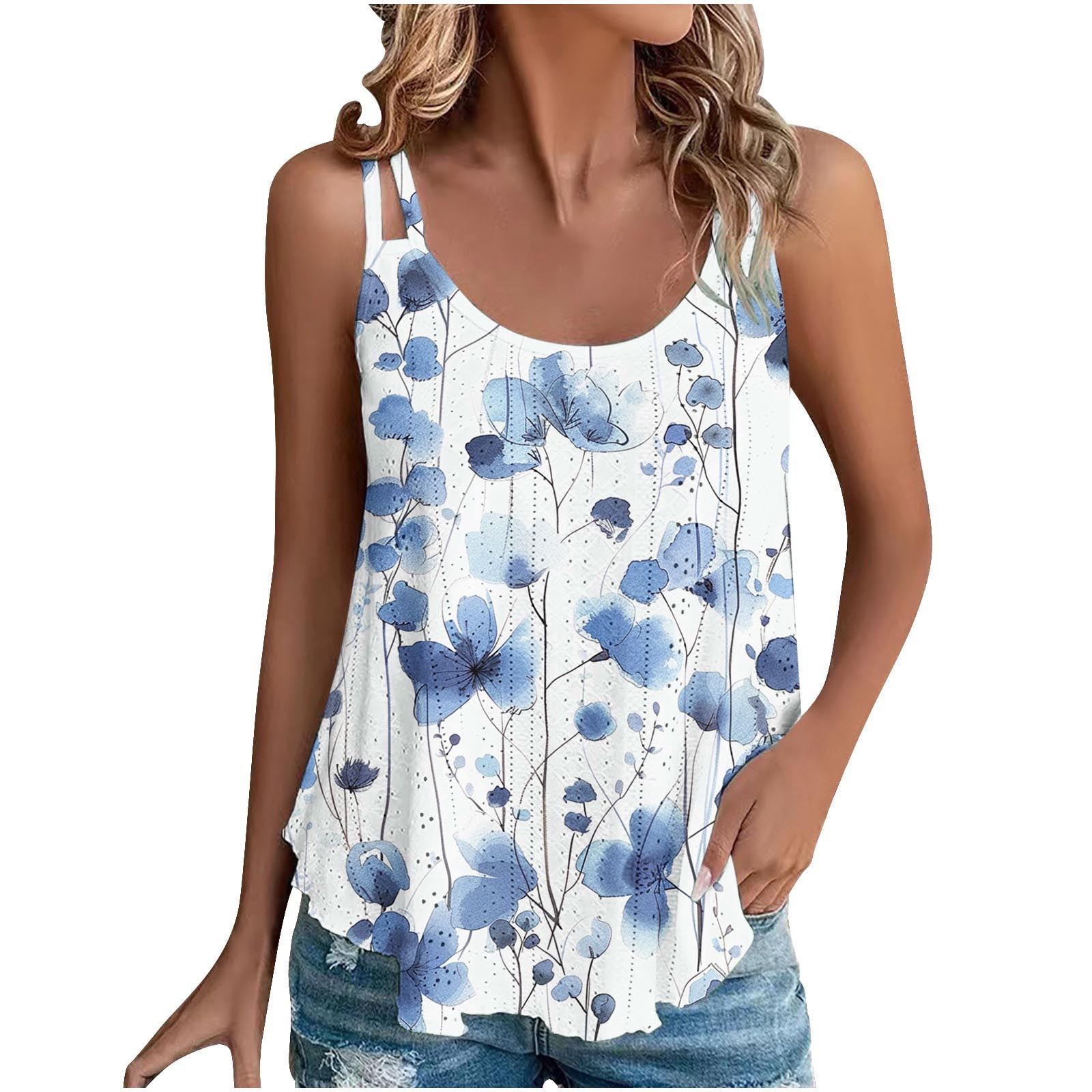 Drses Womens Summer Floral Eyelet Embroidery Tank Tops Loose Fit Scoop ...