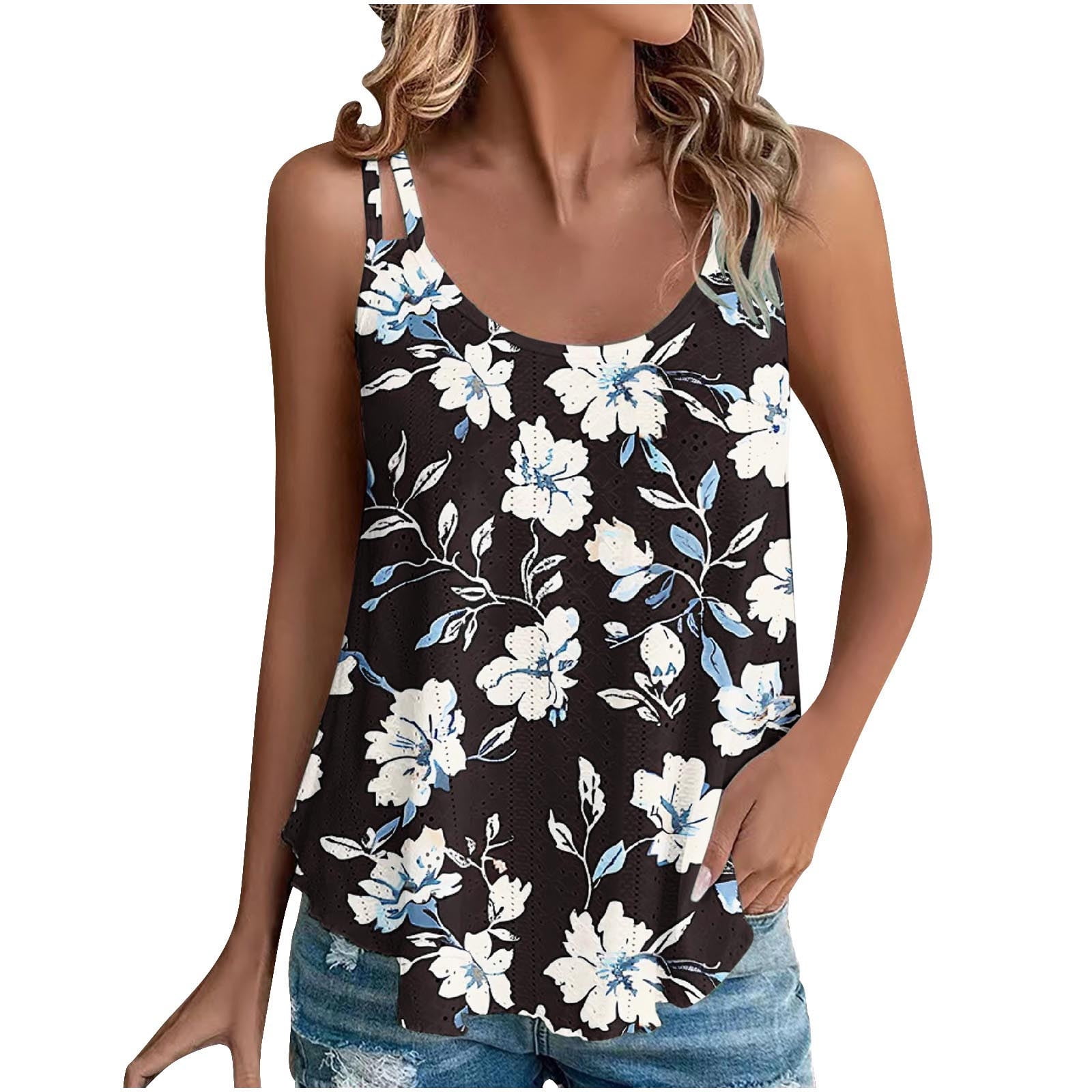 Drses Womens Summer Floral Eyelet Embroidery Tank Tops Loose Fit Scoop ...