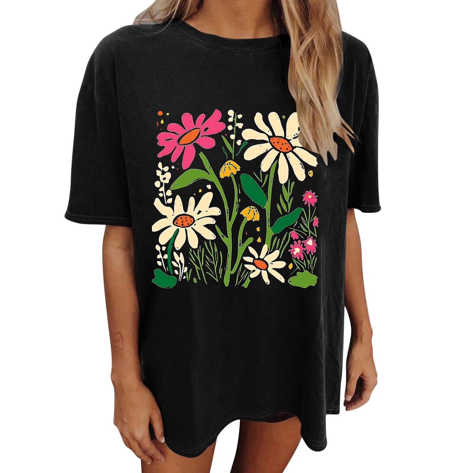 Drses Womens Summer Tops Oversized Tshirt Flower Graphic Tees Short ...