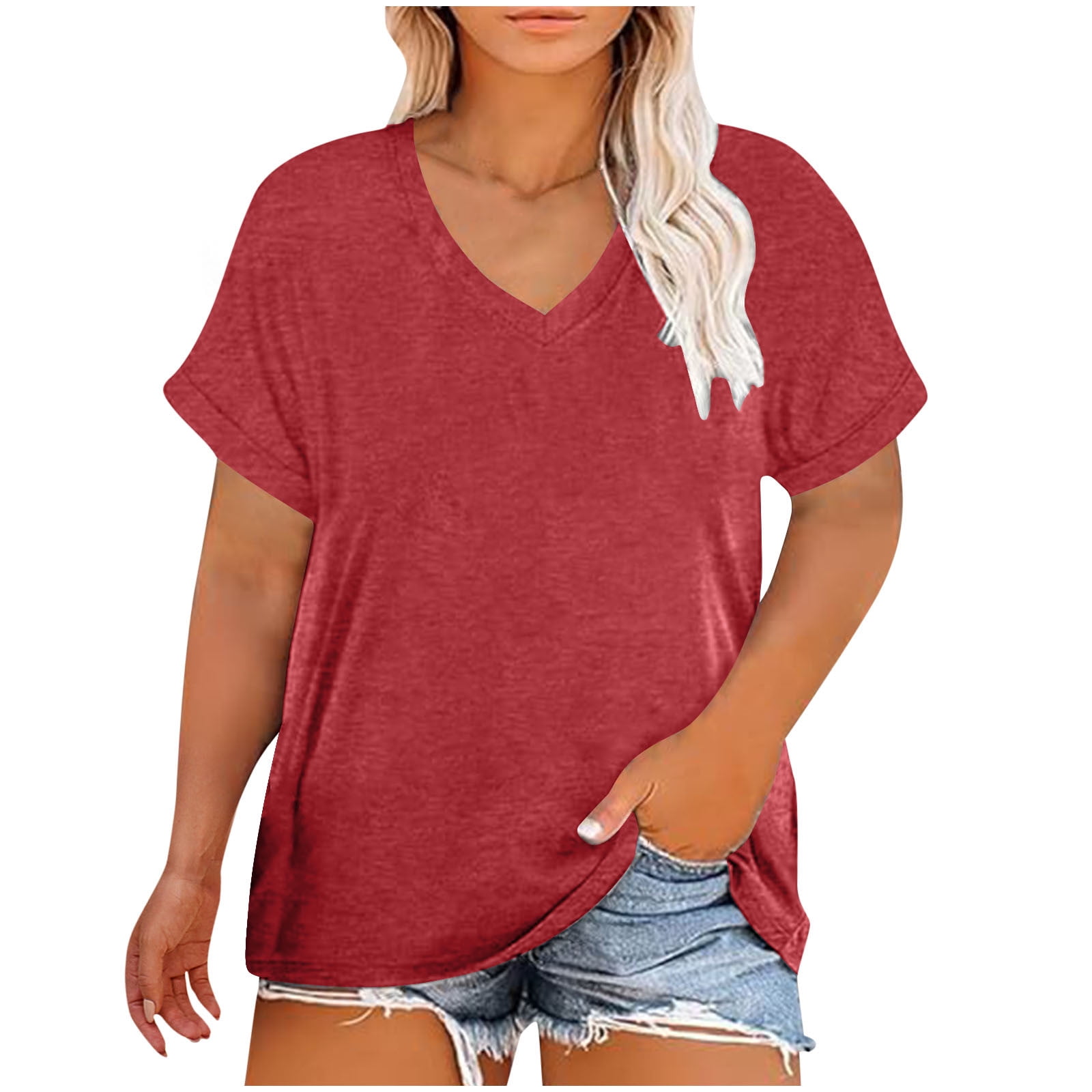 Drses Womens Summer Tops Women's Oversized V-neck Short Sleeved Solid ...
