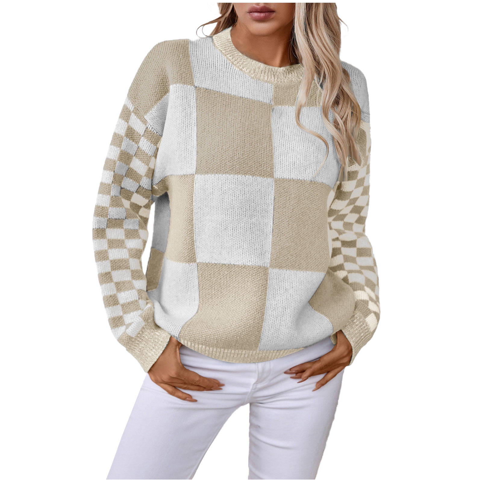 Drses Womens Sweaters Fall Fashion Cable Knit Checkered Oversized ...