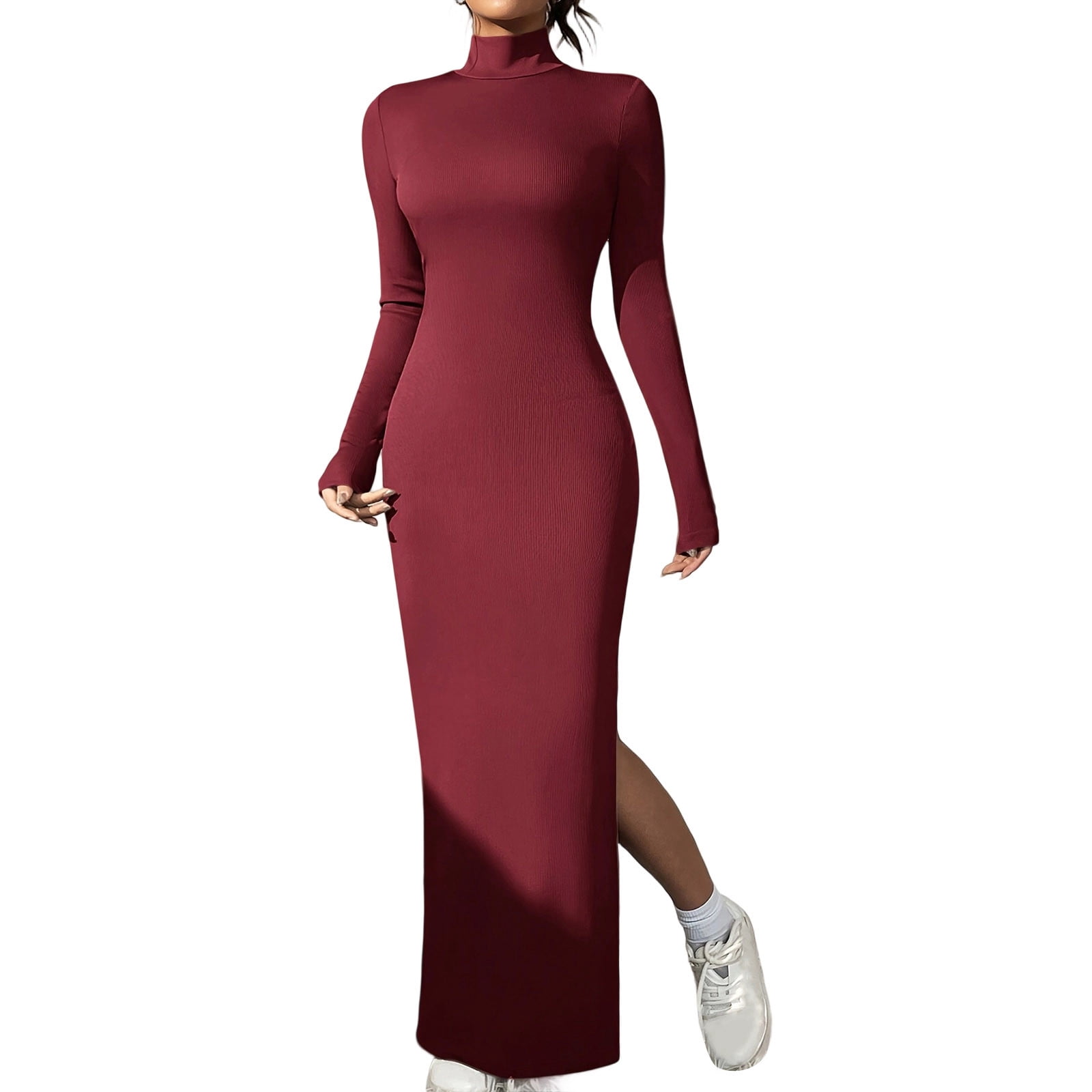 Drses Womens Wedding Guest Dress Solid Color Casual High Collar Long ...