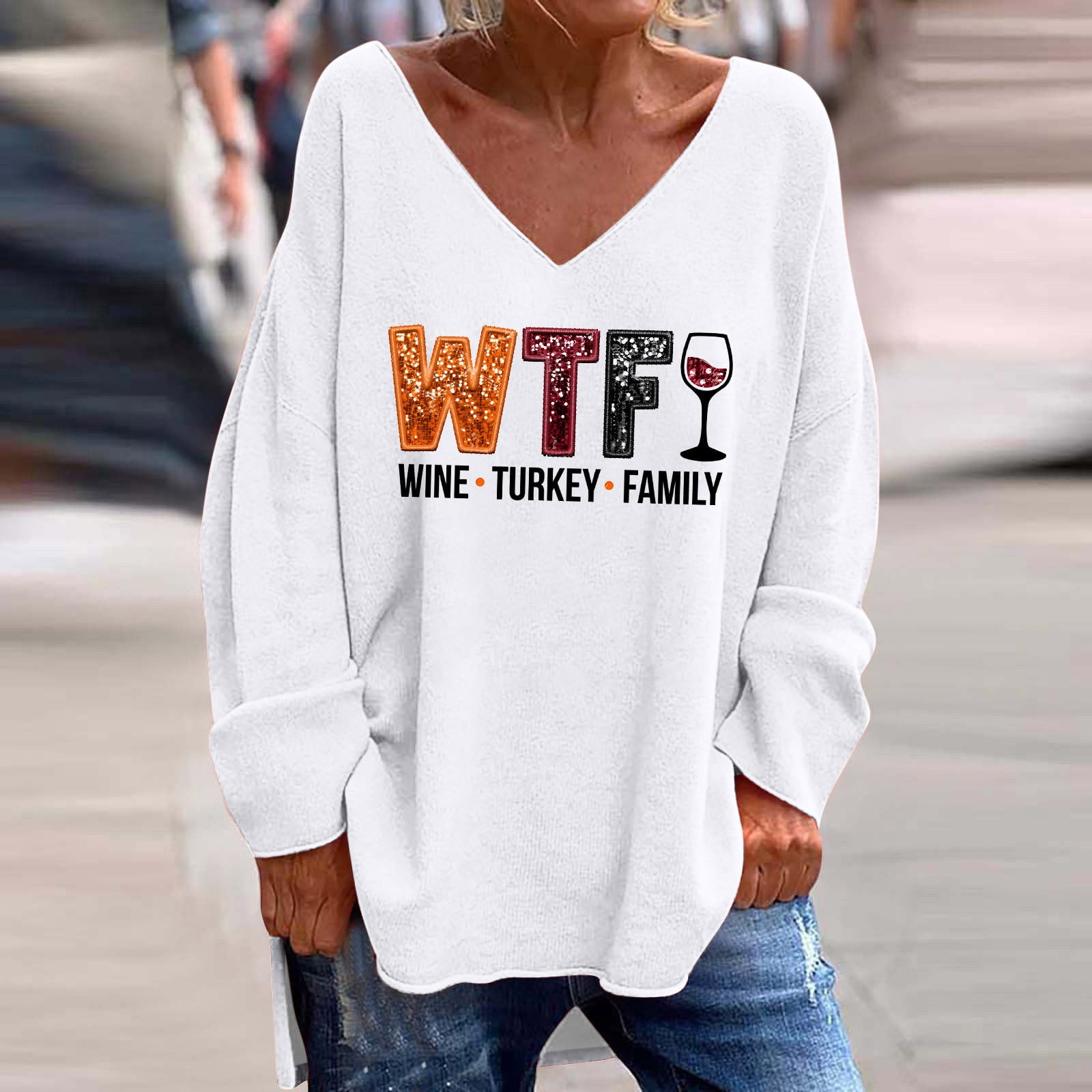 Drses Womens Wine Turkey Family Sweatshirt Thanksgiving Sequin Print V ...