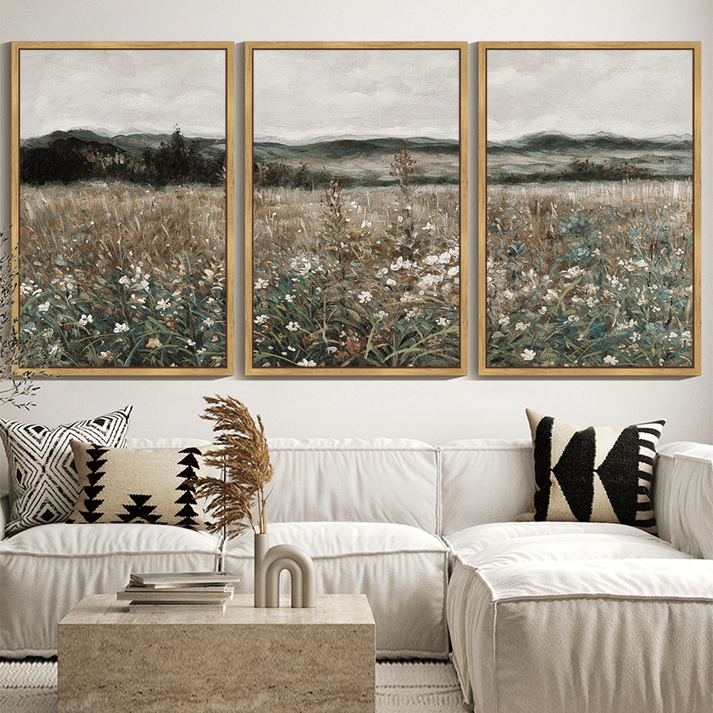 Drsoum Large 24x36in3pcs Natural Framed Vintage Meadow Sea of Flower ...