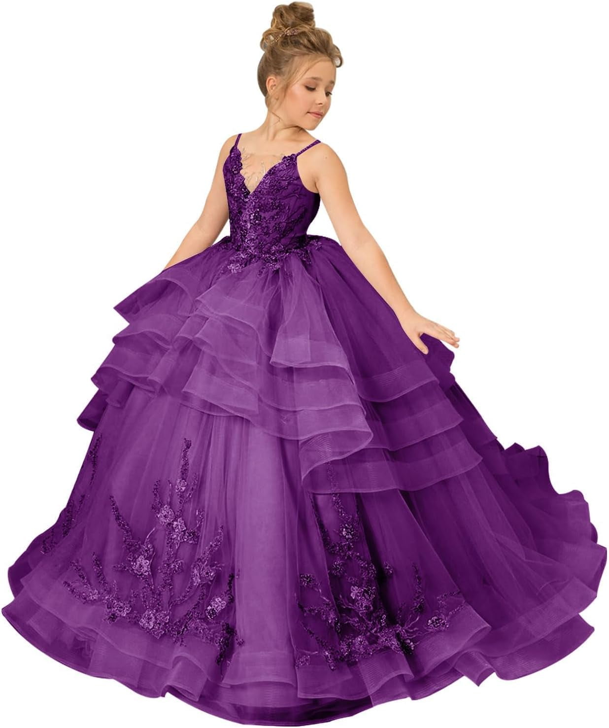 Drtj Flower Girl Dress V-Neck Tulle Appliques Flower Girl Dresses Lace ...