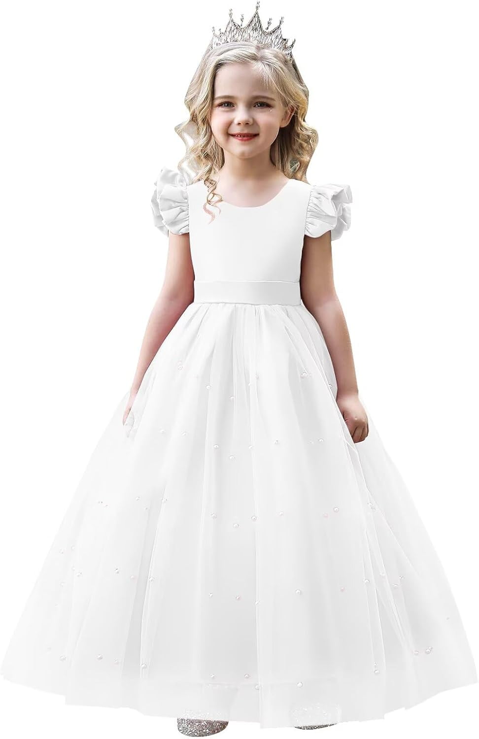 Drtj Flower Girl Dresses Wedding Fly Sleeve Pearl Tulle Girls Prom ...