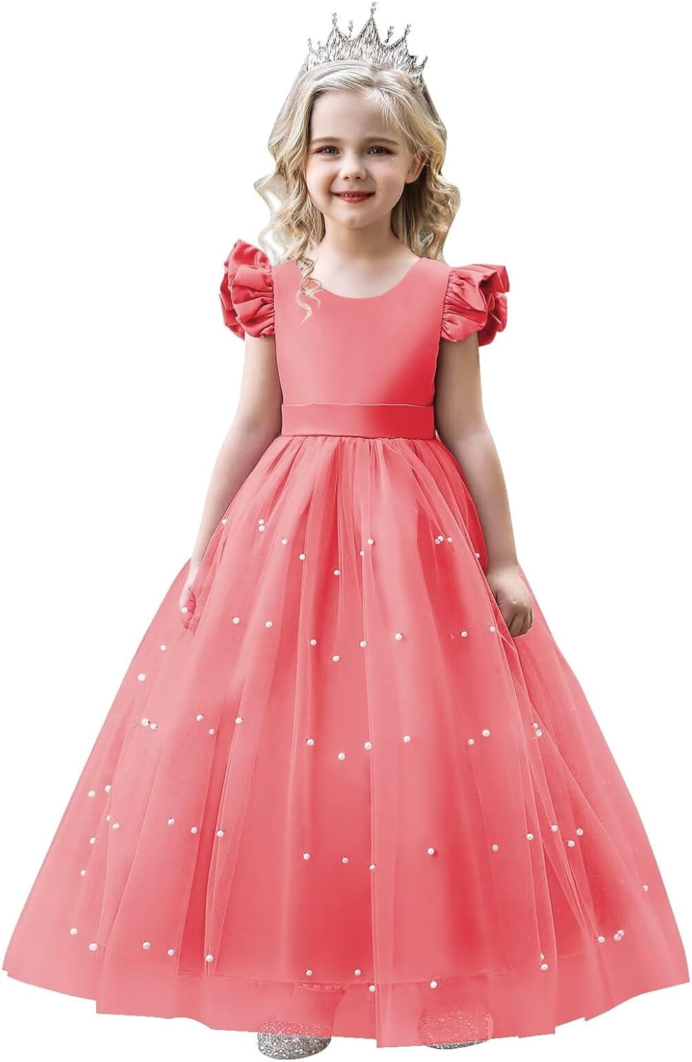 Drtj Flower Girl Dresses Wedding Fly Sleeve Pearl Tulle Girls Prom ...