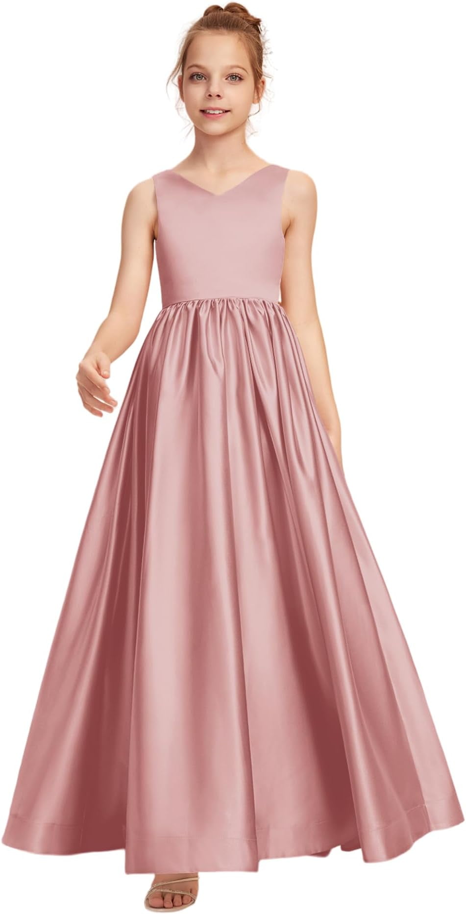 Drtj Formal Dress for Teen Girls Bow A-line V-Neck Floor-Length Satin ...