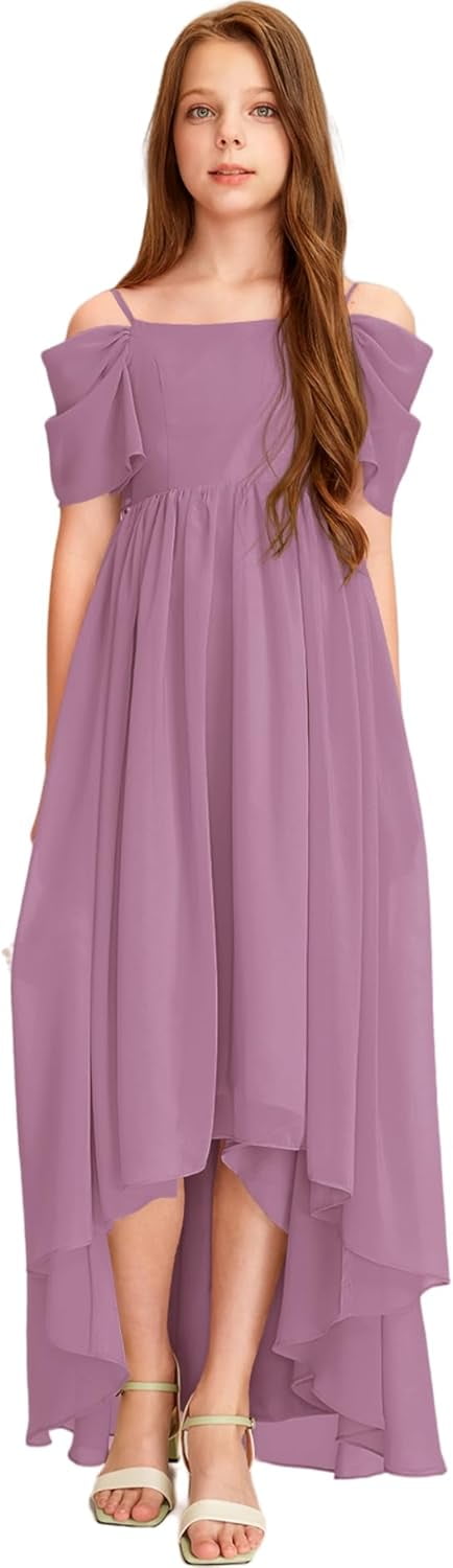 Drtj Kids Junior Bridesmaid Off Shoulder Dresses Asymmetrical Chiffon ...