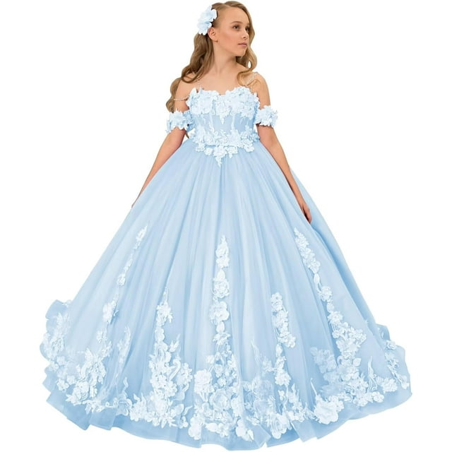 Drtj Kids Teens Flower Girl Dress Wedding Off-Shoulder Tulle Appliques ...
