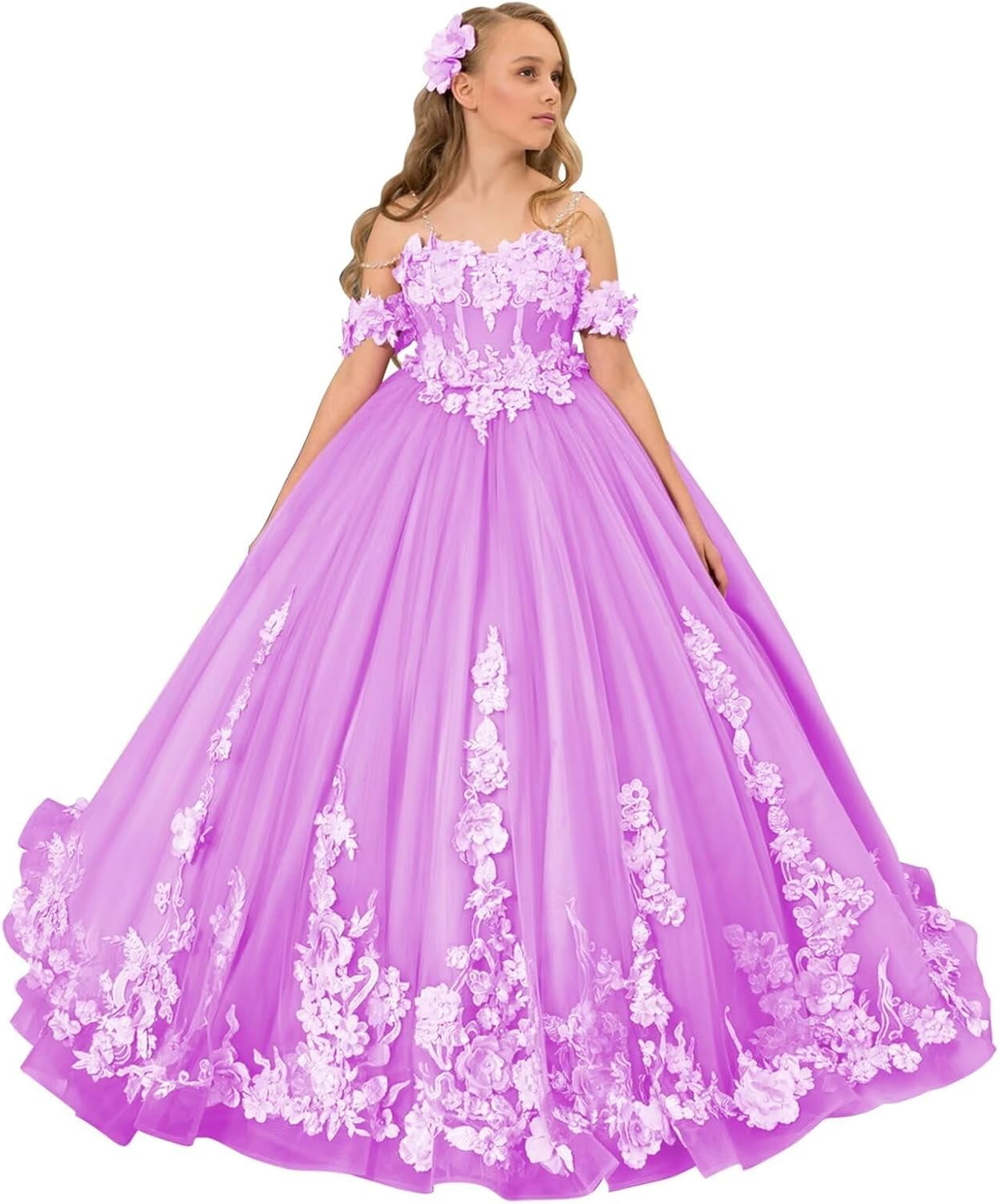 Drtj Kids Teens Flower Girl Dress Wedding Off-Shoulder Tulle Appliques ...