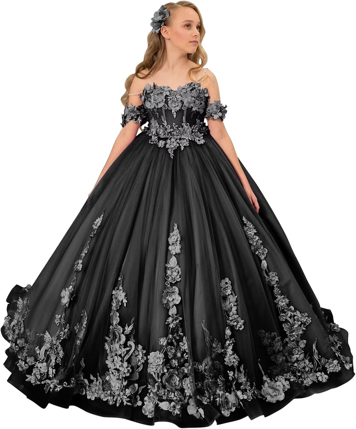Drtj Kids Teens Flower Girl Dress Wedding Off-Shoulder Tulle Appliques ...
