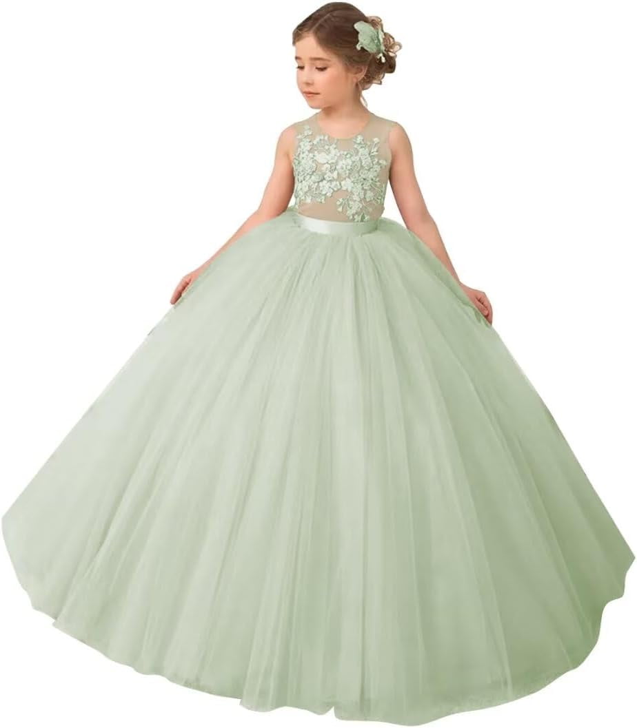 Drtj Lace Applique Flower Girl Dress Elegant Tulle Princess Ball Gown ...