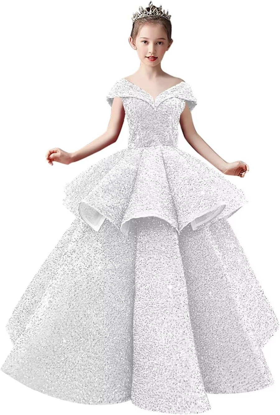 Drtj Toddler Teenager Flower Girl Strapless Multi Layered Gowns Glitter ...