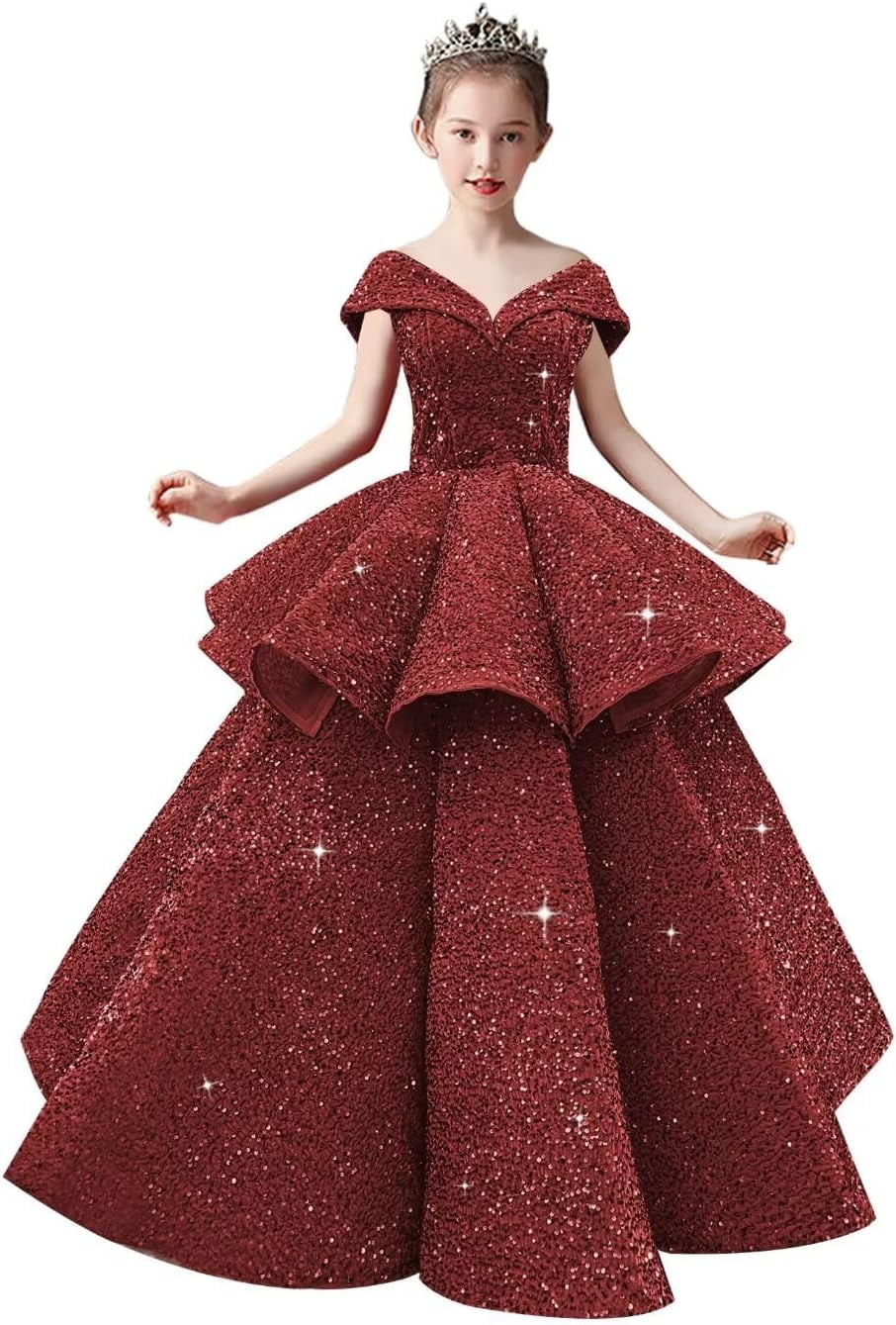 Drtj Toddler Teenager Flower Girl Strapless Multi Layered Gowns Glitter ...