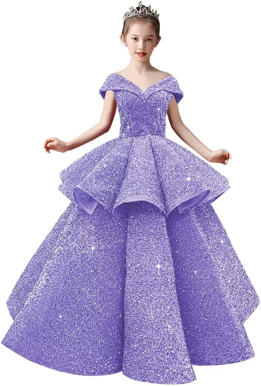 Drtj Toddler Teenager Flower Girl Strapless Multi Layered Gowns Glitter ...