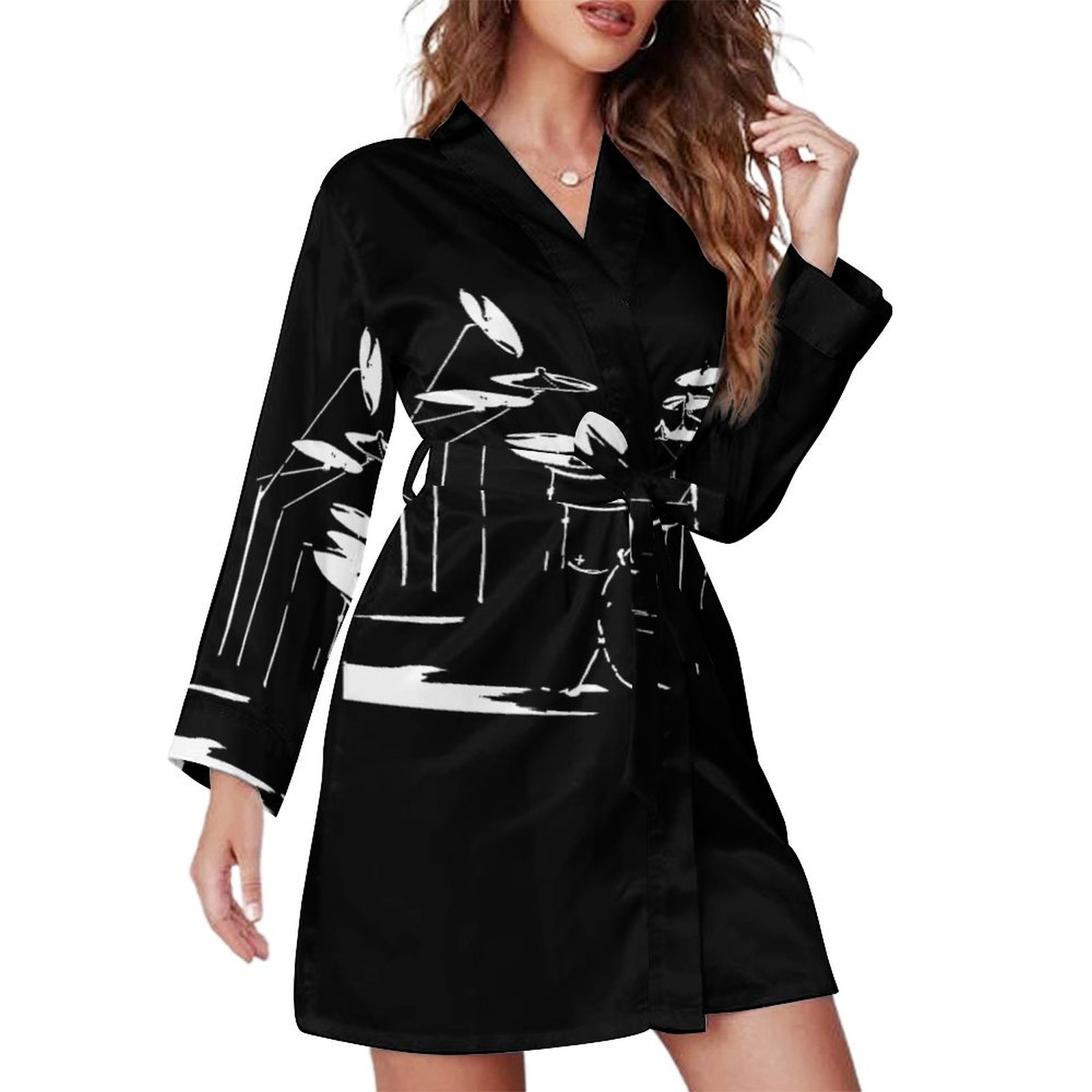 Drum Kit Black And White Night Robe Long Sleeve V Neck Robe With Belt ...