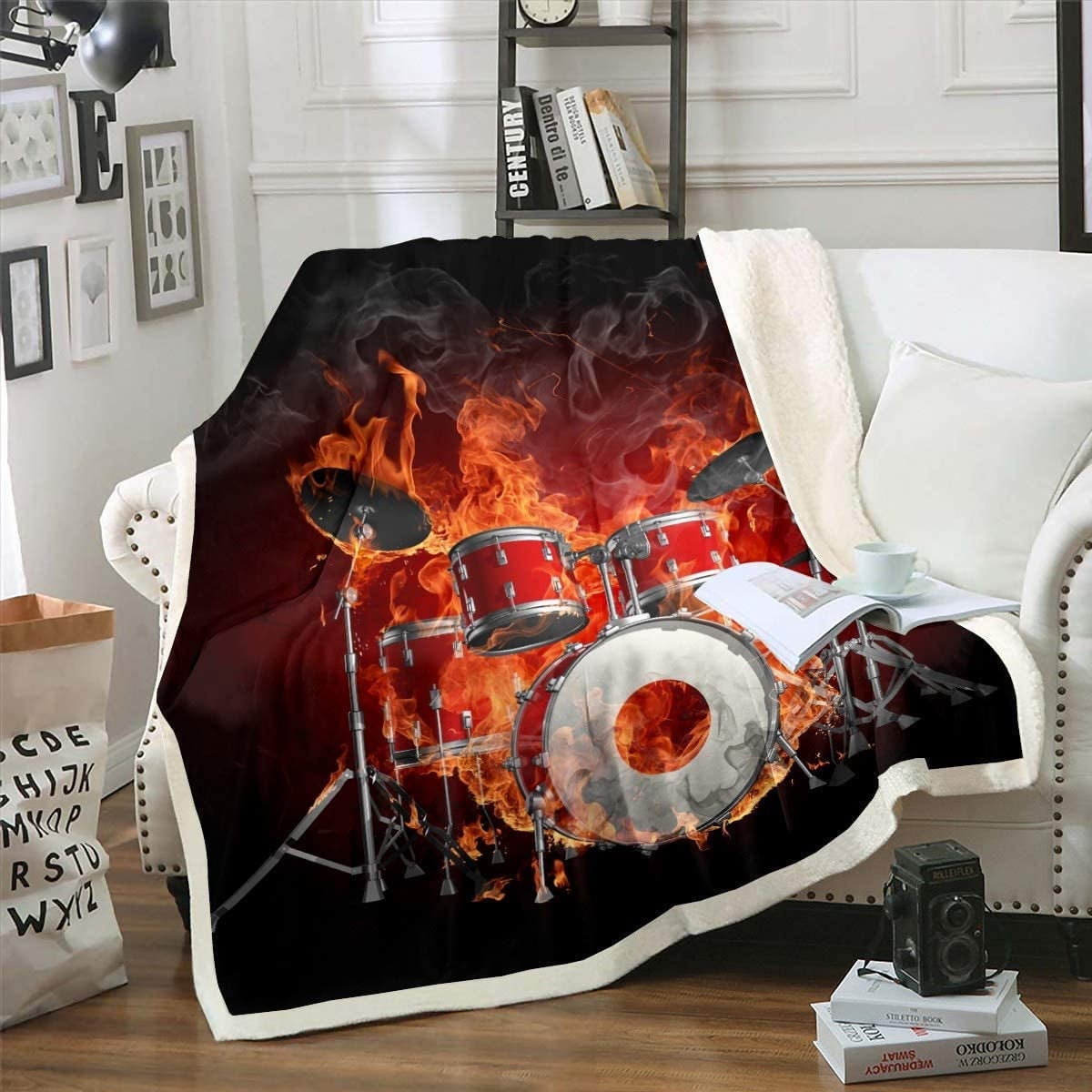 Drum Kit Fuzzy Blanket Burning Drum Set Fleece Blanket Rock Music ...