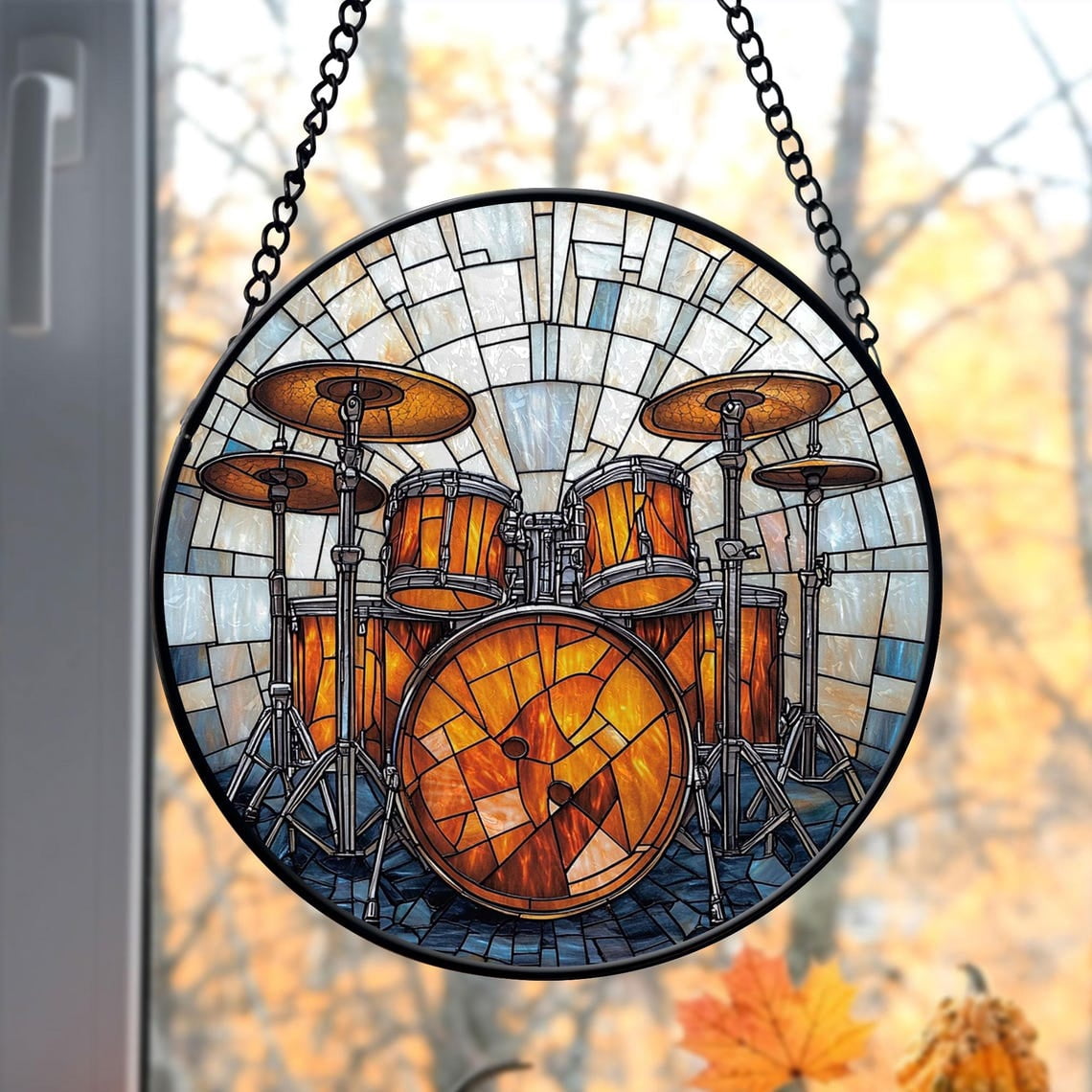 Drum Kit Glass Suncatcher, Musical Instrument Window Art, Drummer Home ...
