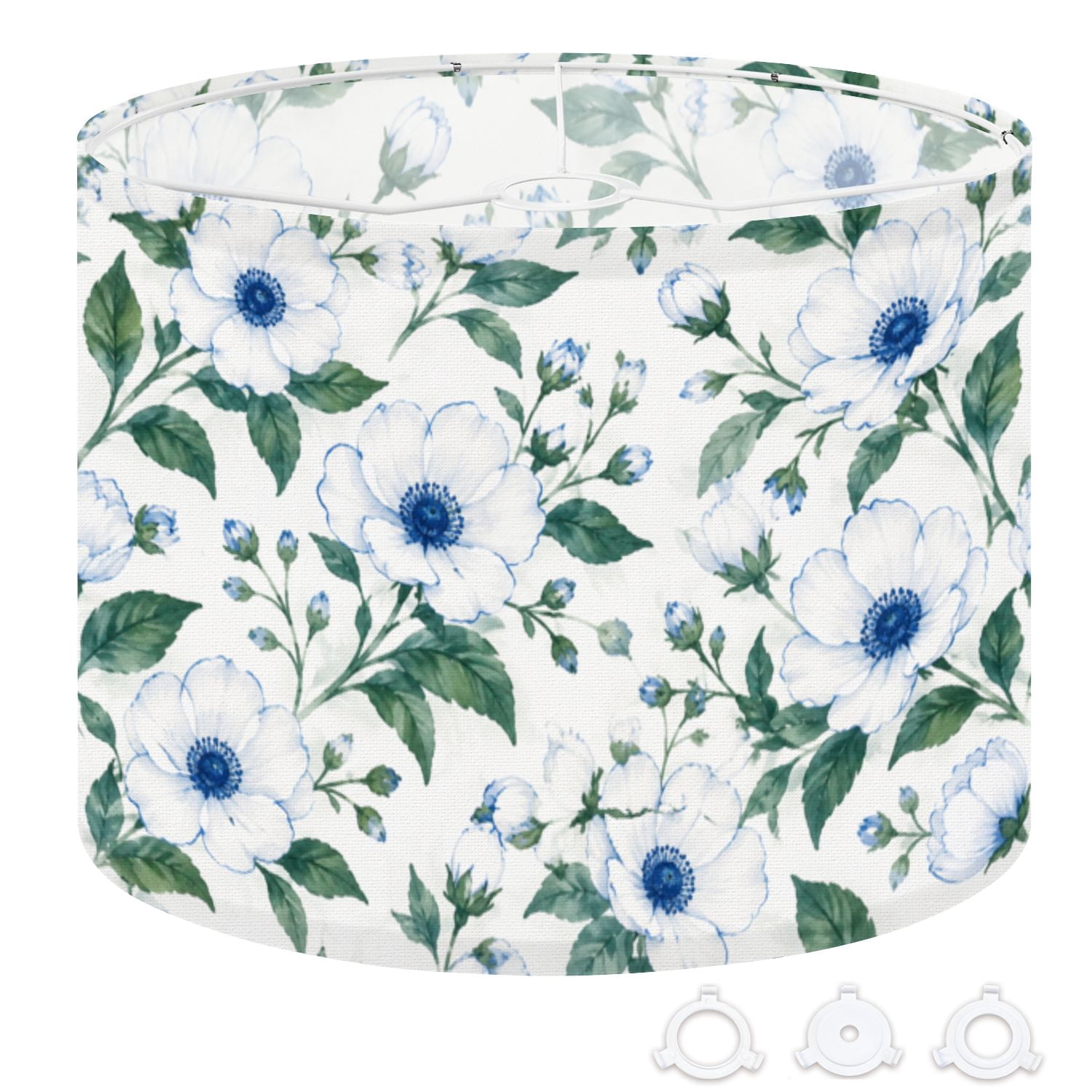 Drum Lamp Shade Chinoiserie Blue Floral Leaves White Flowers Leaves ...