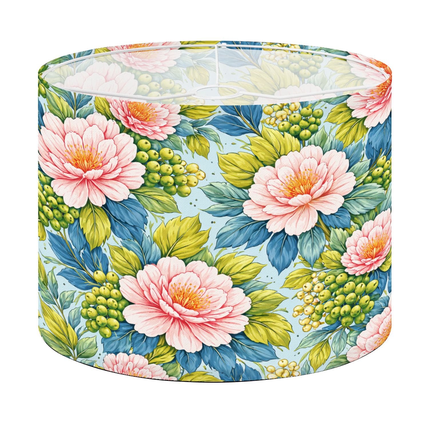 Drum Lamp Shade Floral Botanical Pink Bloom Flowers Blue Foliage Lime ...