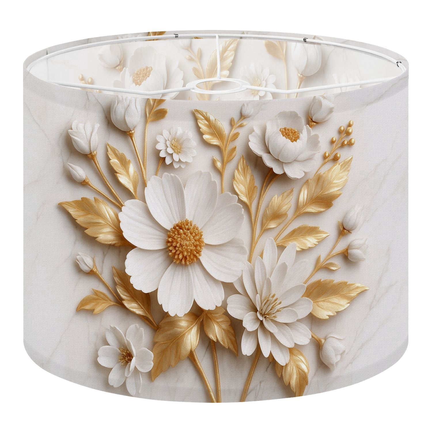 Drum Lamp Shades 13"x13"x10" Beautiful white gold 3d flowers white ...