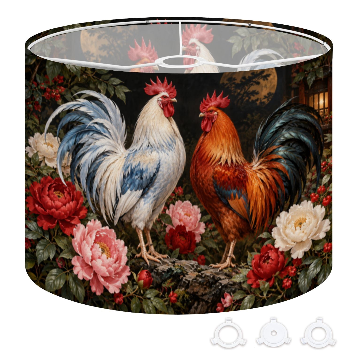Drum Lamp Shades Red Rooster Floral Painting Cream Dark Black Navy Hen ...
