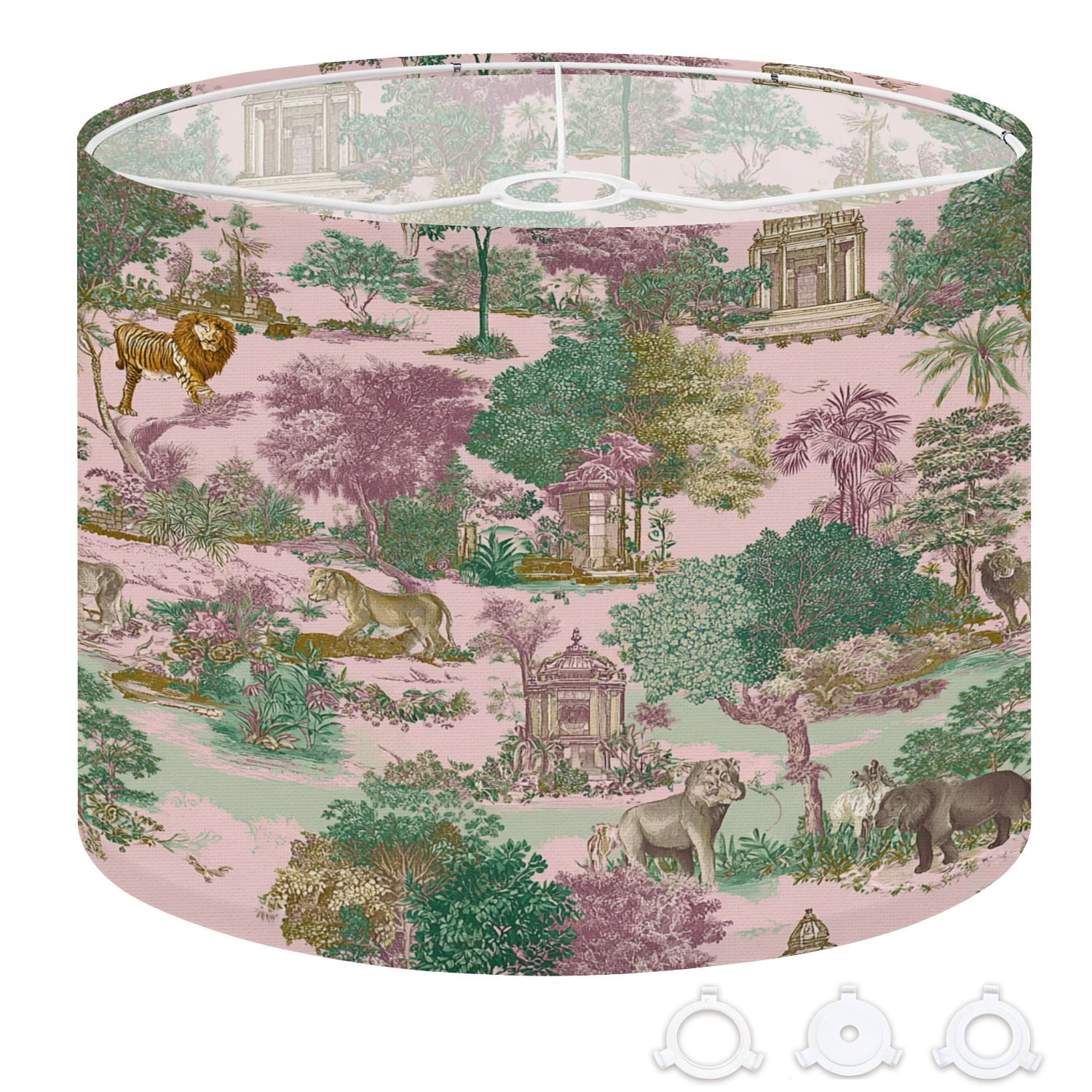Drum Lampshades 13"x13"x10" Vintage Jungle Lions Tigers Exotic Trees ...