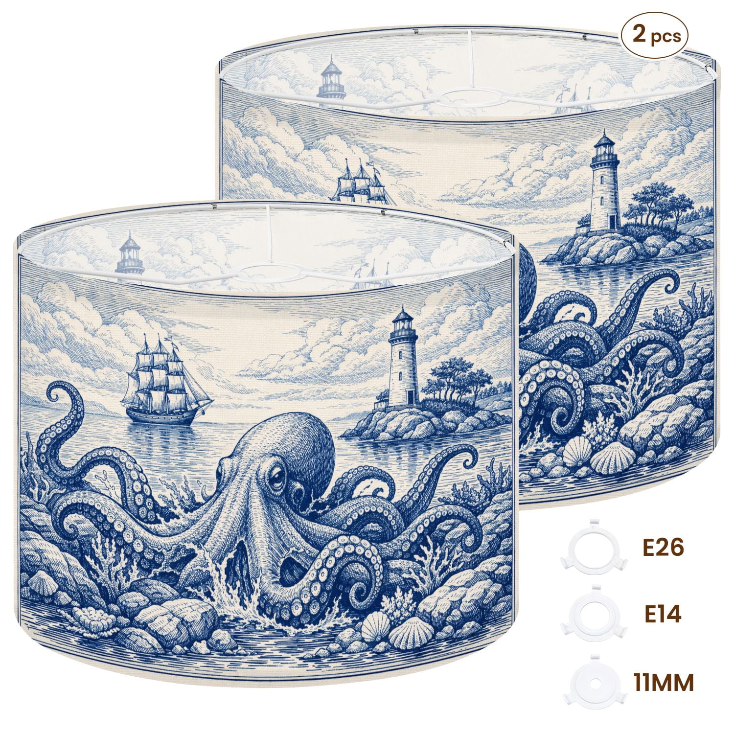 Drum Lampshades 13"x13"x10" Vintage Nautical Giant Octopus Sailing Ship ...
