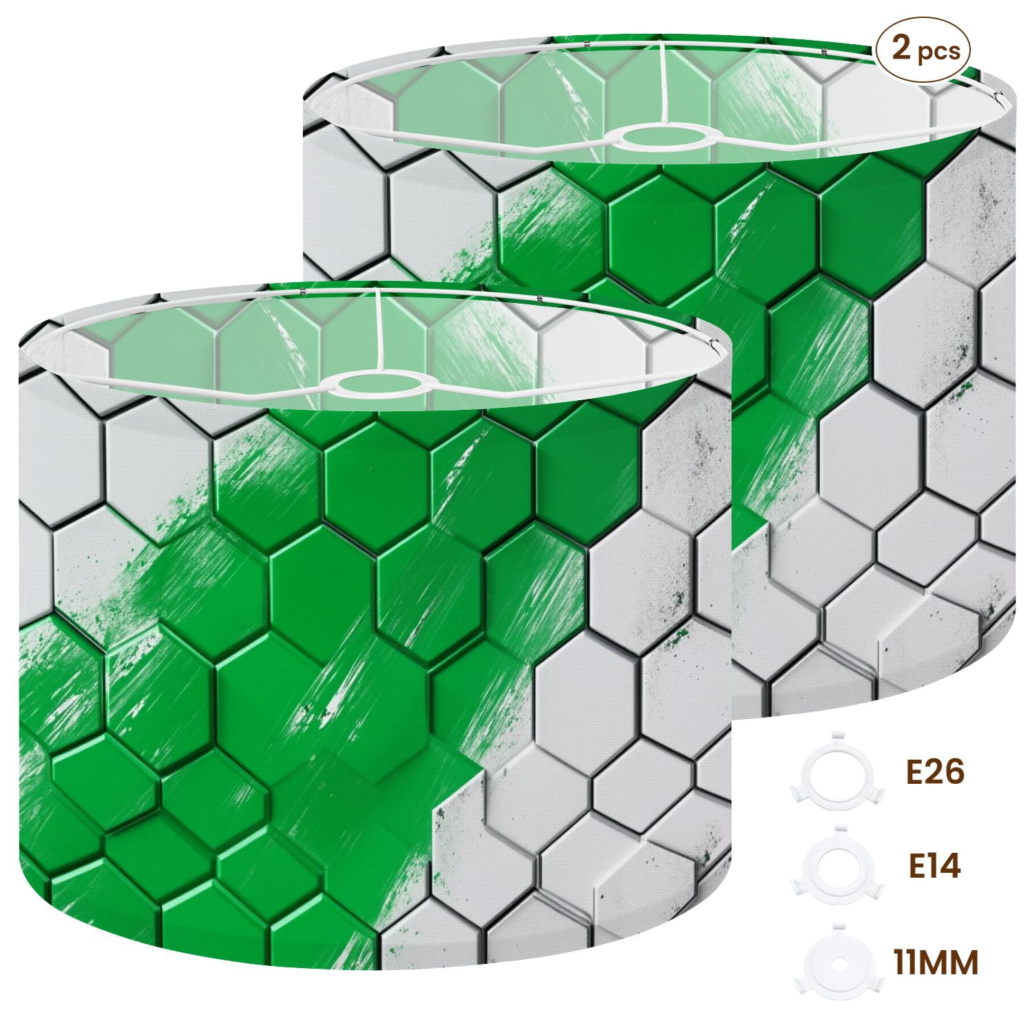 Drum Lampshades Set of 2 13"x13"x10" Green Hexagon Geometric Brush ...