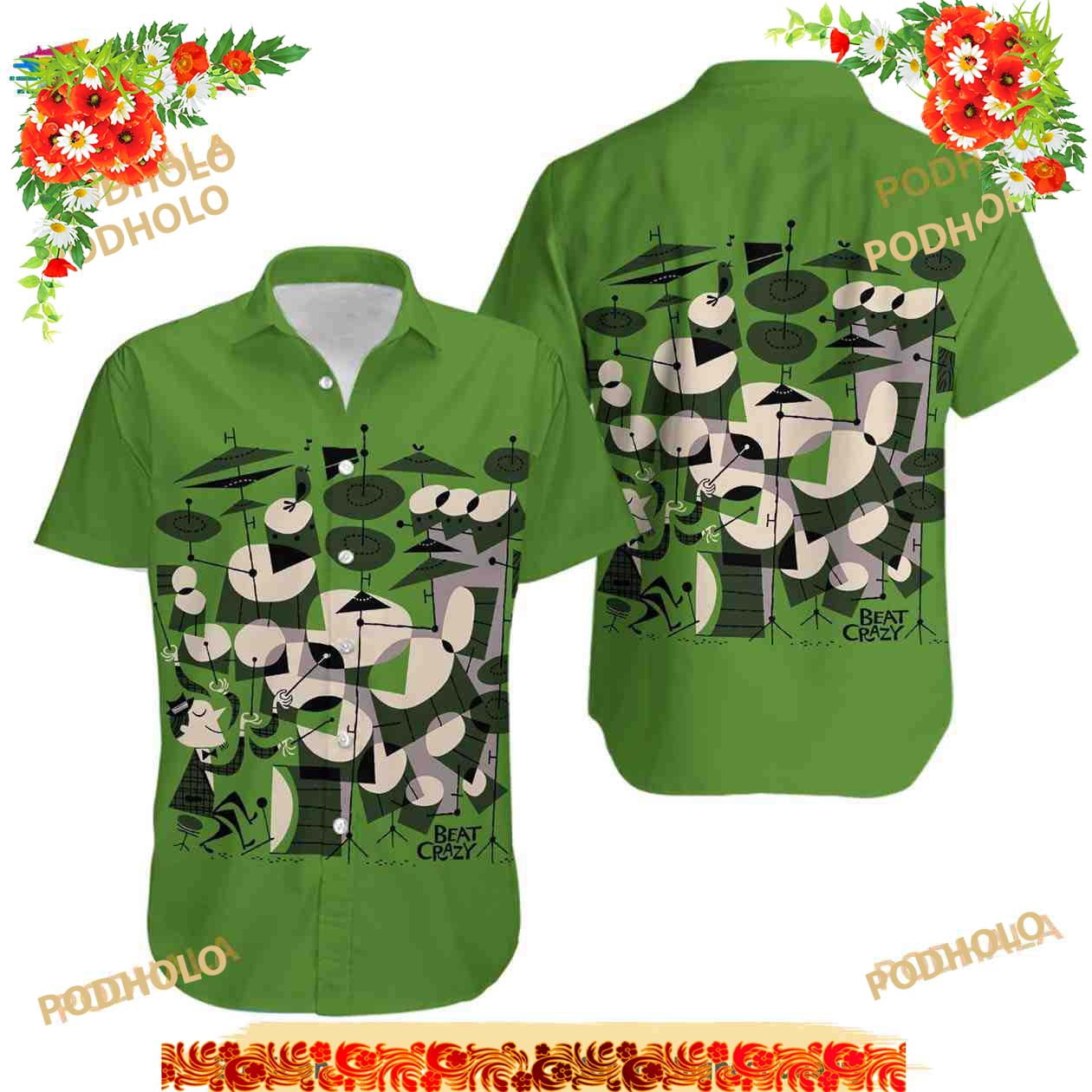 Drum Pattern On Green Hawaiian Shirt, Tropical Summer Holiday Aloha ...