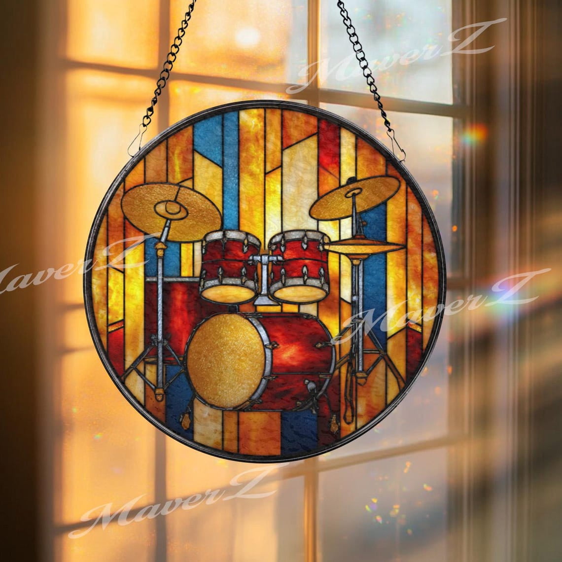 Drum Set Glass Suncatcher, Round Musical Window Panel, Colorful ...