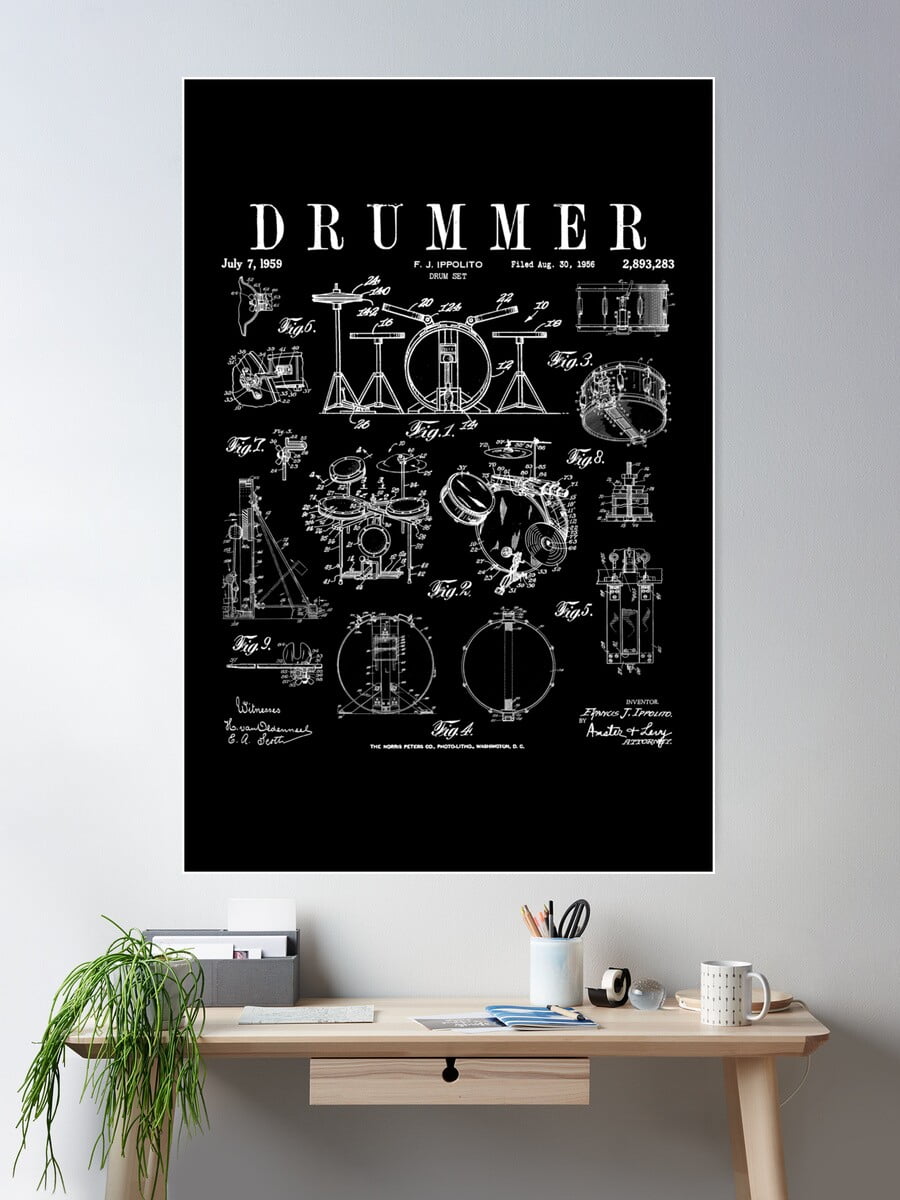 Drum Set Kit Vintage Patent Drummer Drawing Print Poster Wall Art ...