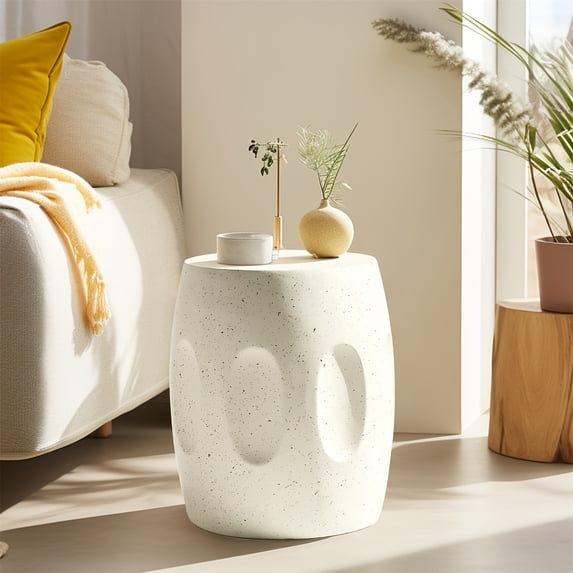 Drum Shaped Outdoor Side Table in Off-White Magnesia Concrete, Small ...