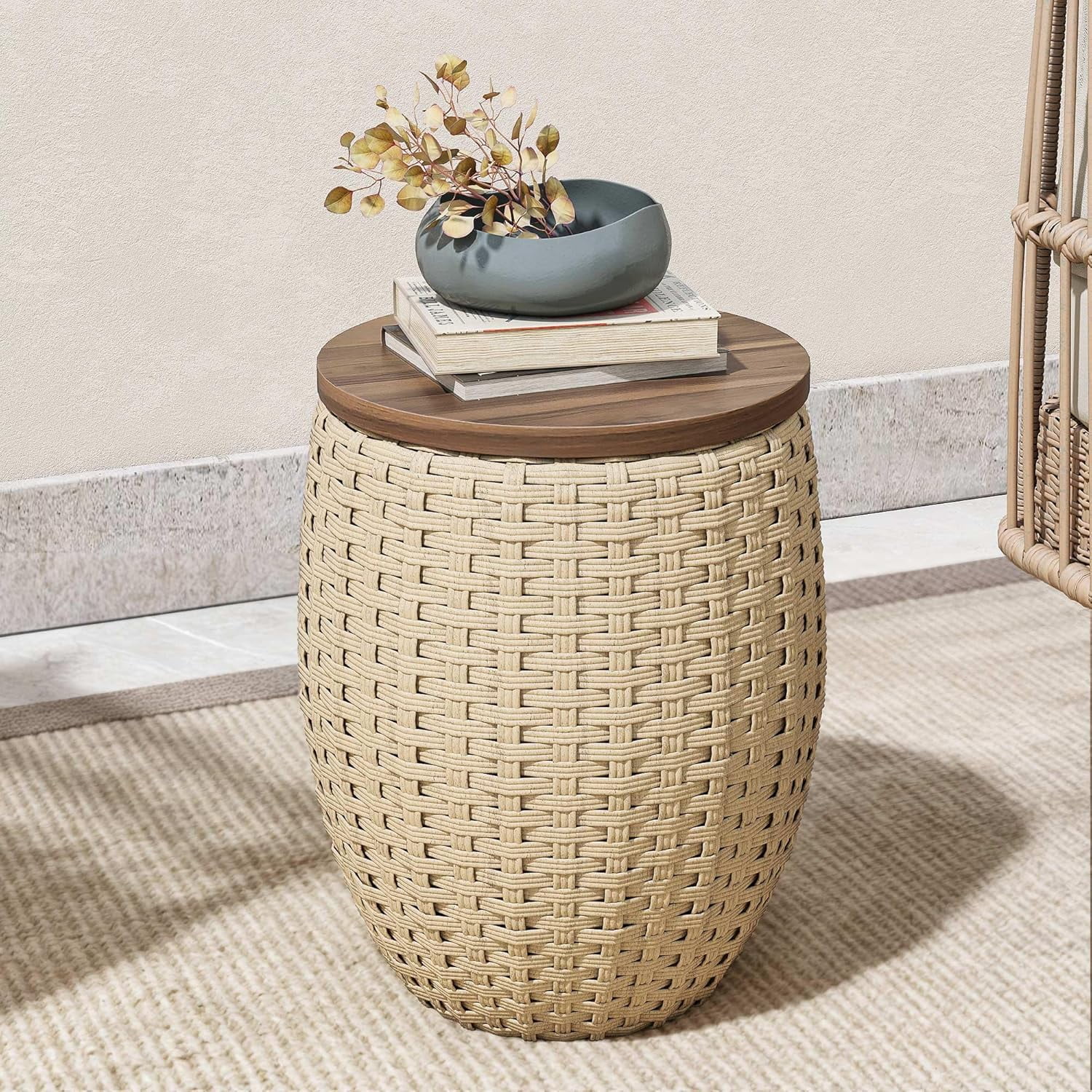 Drum Side Table - Handwoven Rattan End Table with Solid Wood Lid | Indoor/Outdoor Multi ...