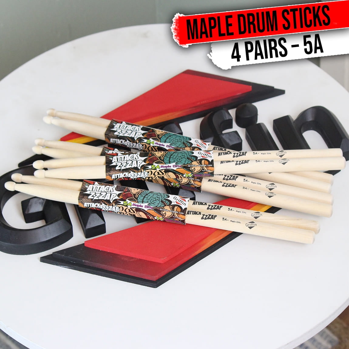 Drum Sticks - 4 Pairs Attack Zzap by Griffin - 5A Maple Wood Percussion ...