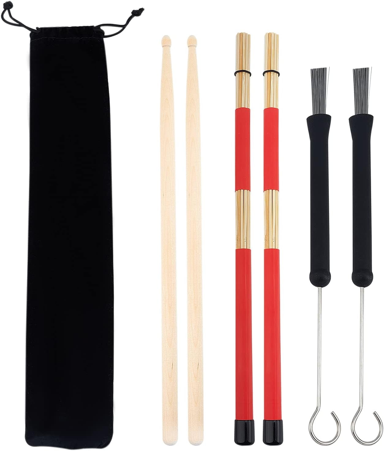 Drum Sticks Set 1 Pair 5A Maple Wood Drum Sticks 1 Pair Retractable Drum Steel Wire Brushes and ...