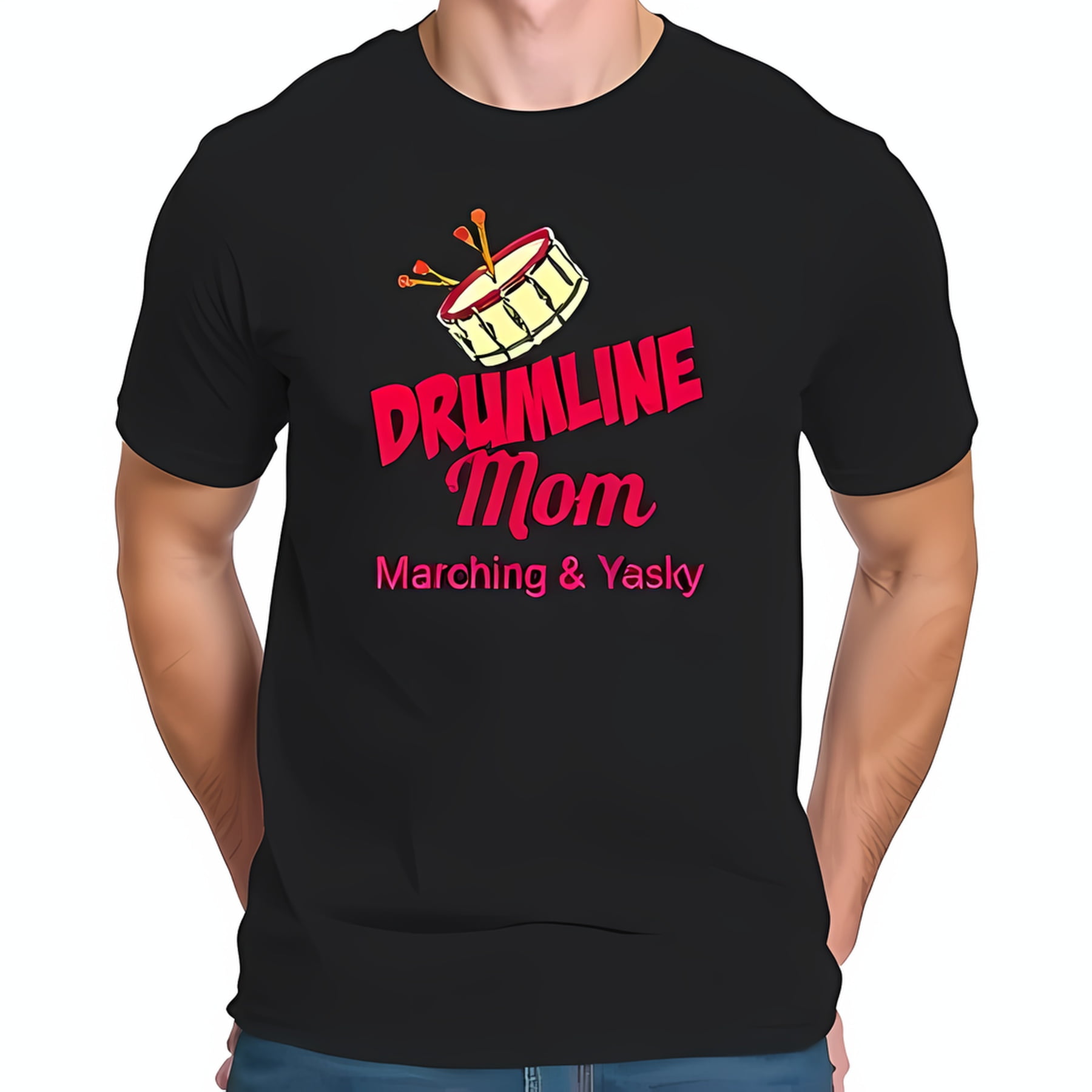 Drumline Mom T-Shirt - Bold Red Lettering with Drum & Drumsticks ...