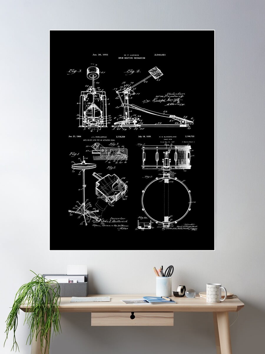 Drummer Gift Vintage Patent Drawings Drum Set Poster Wall Art, Modern ...