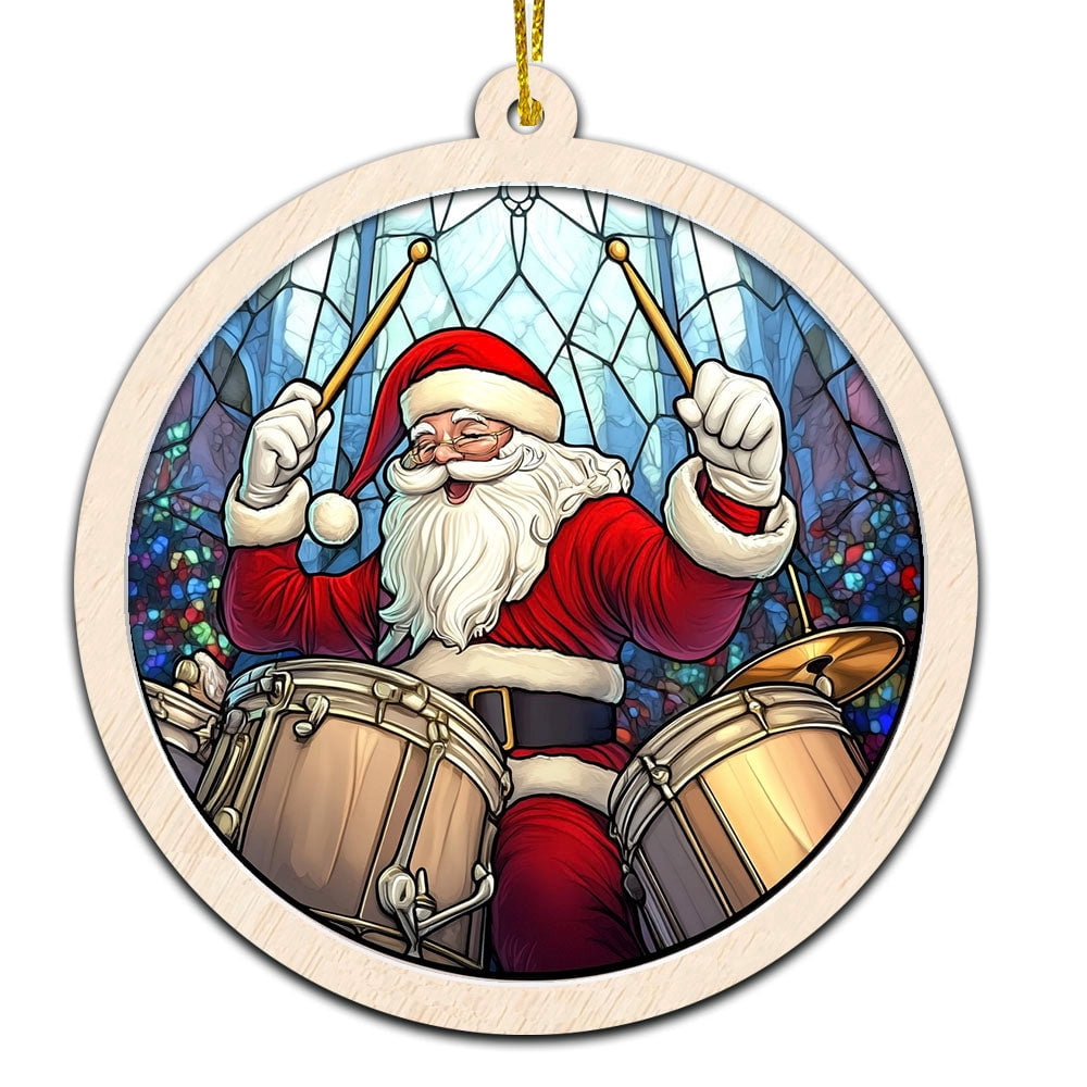 Drummer Santa Claus Stained Glass Suncatcher Ornament – Holiday ...