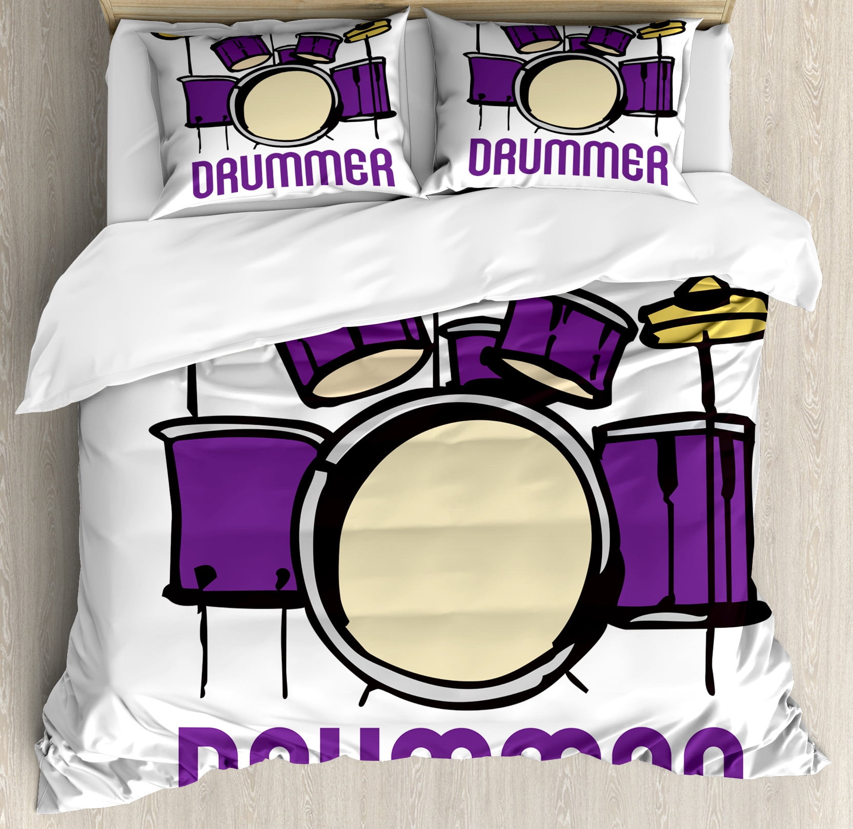 Drums Duvet Cover Set, Long Font Drummer Wording with Cartoon Style ...