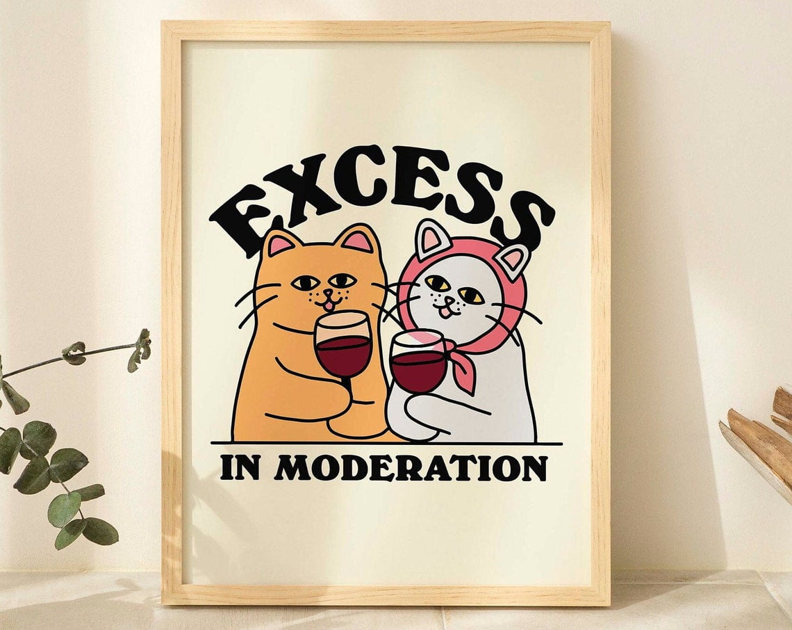 Drunk Cats Wine Print, Retro Drink Alcohol Poster, Cat Excess In ...
