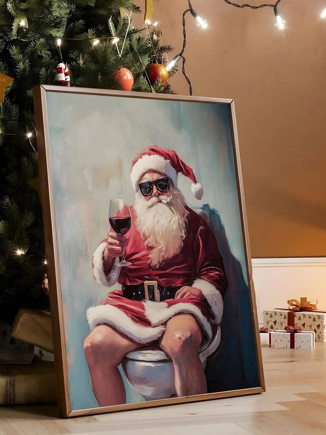Drunk Father Christmas, Drinking Wine Print, Santa On The Toilet ...