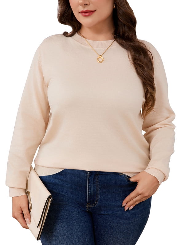 Drvitor Plus Size Sweaters for Women Crew Neck Basic Solid Color ...